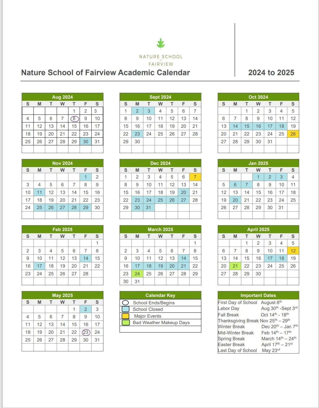 2020-2021 academic calendar — Nature School Fairview