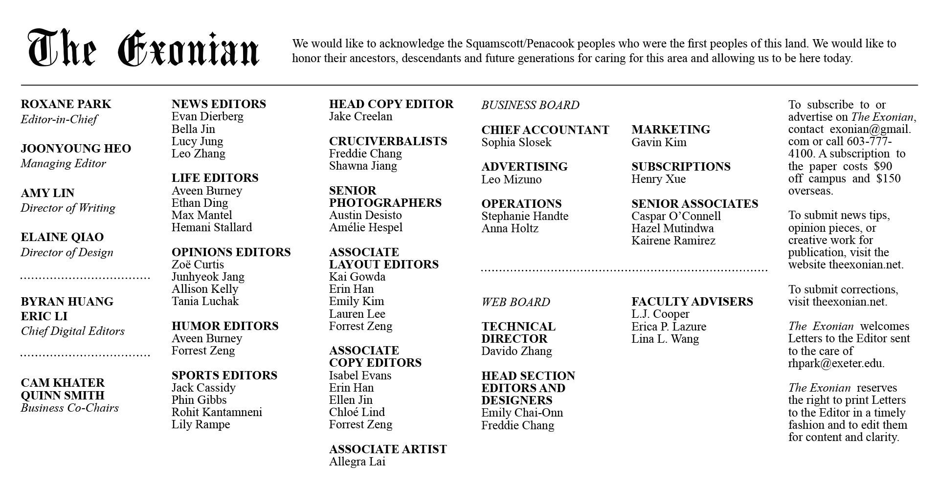 Masthead — The Exonian