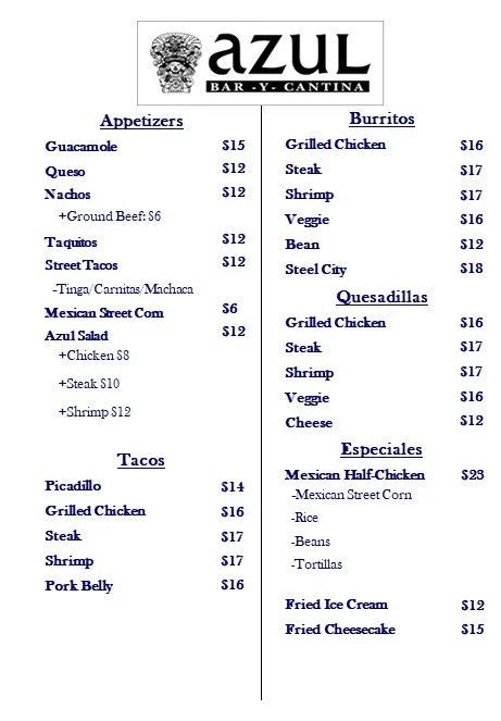 Menu — Azul Bar Y Cantina