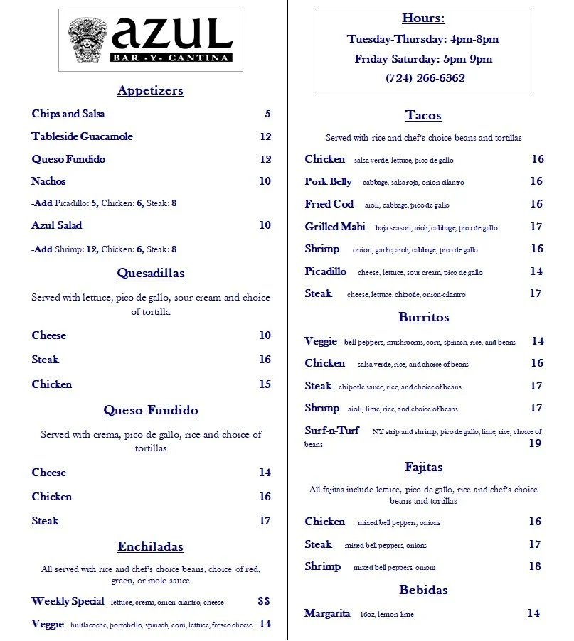 Menu — Azul Bar Y Cantina