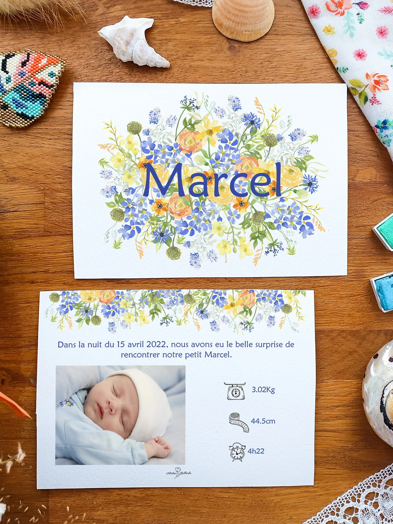 Faire-part de naissance à l'aquarelle original — Atelier Malherbe