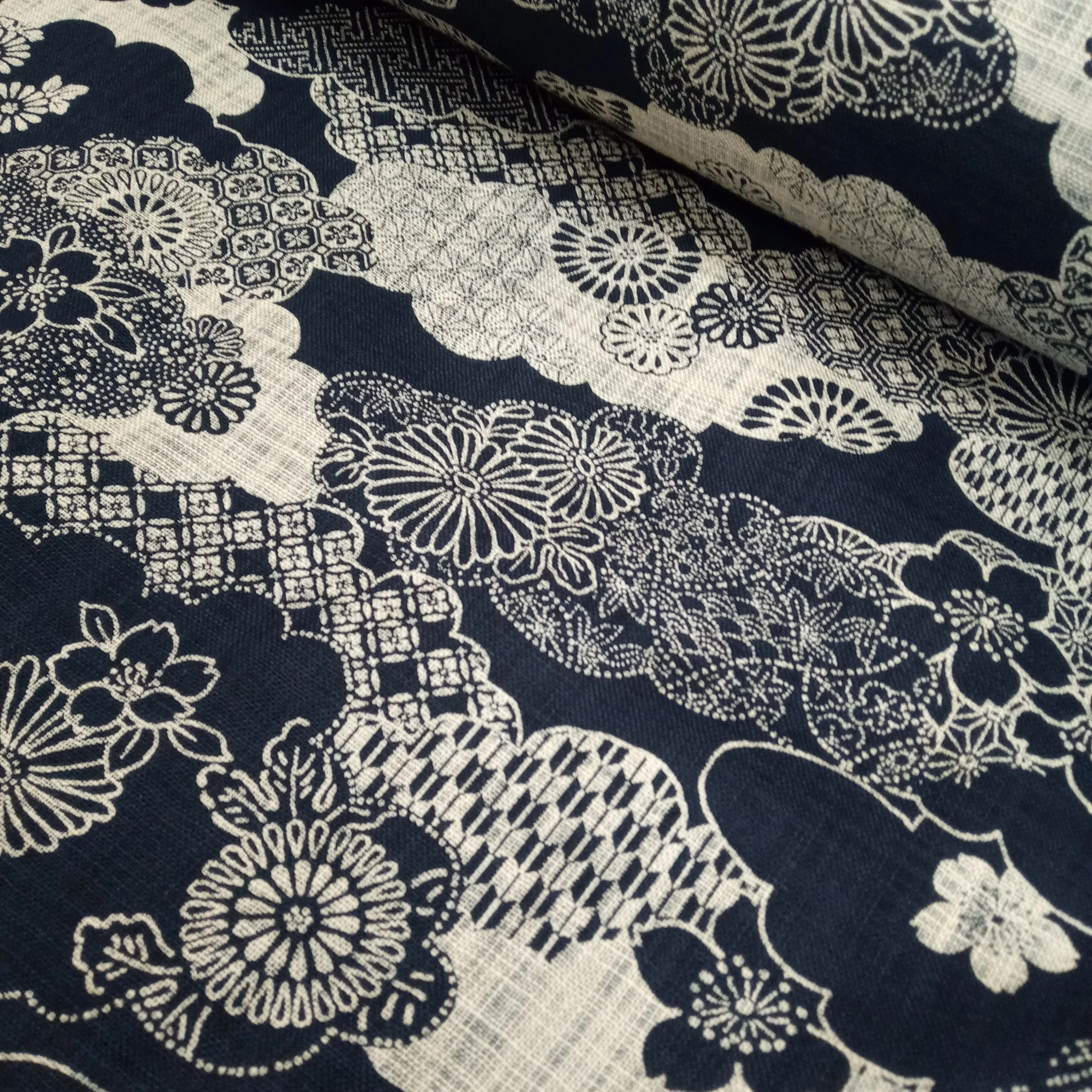Japanese Navy Traditional Floral Linen Cotton Fabric per 50cm Crafty ...