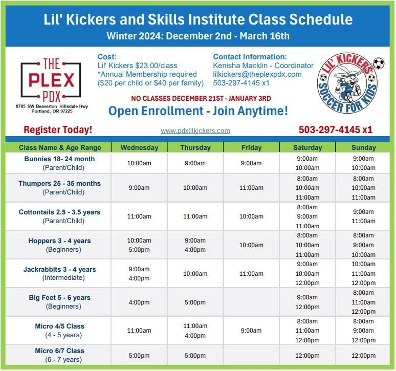 The Plex Schedule — Lil' Kickers - Portland