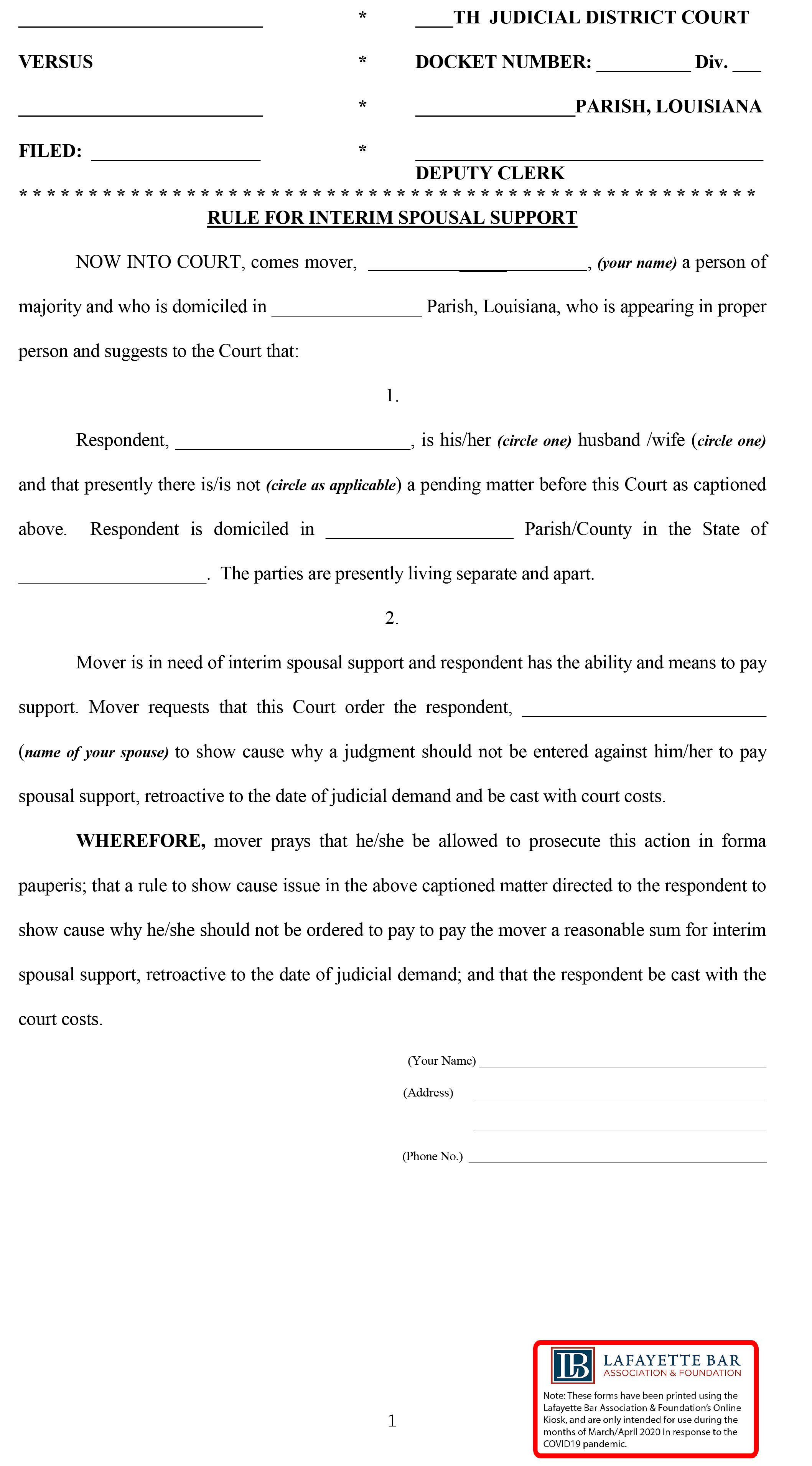 Rule For Spousal Support — Lafayette Bar Foundation Online Kiosk