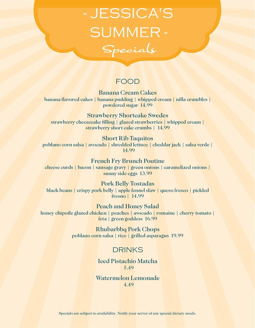 Menu — Jessica's Restaurant