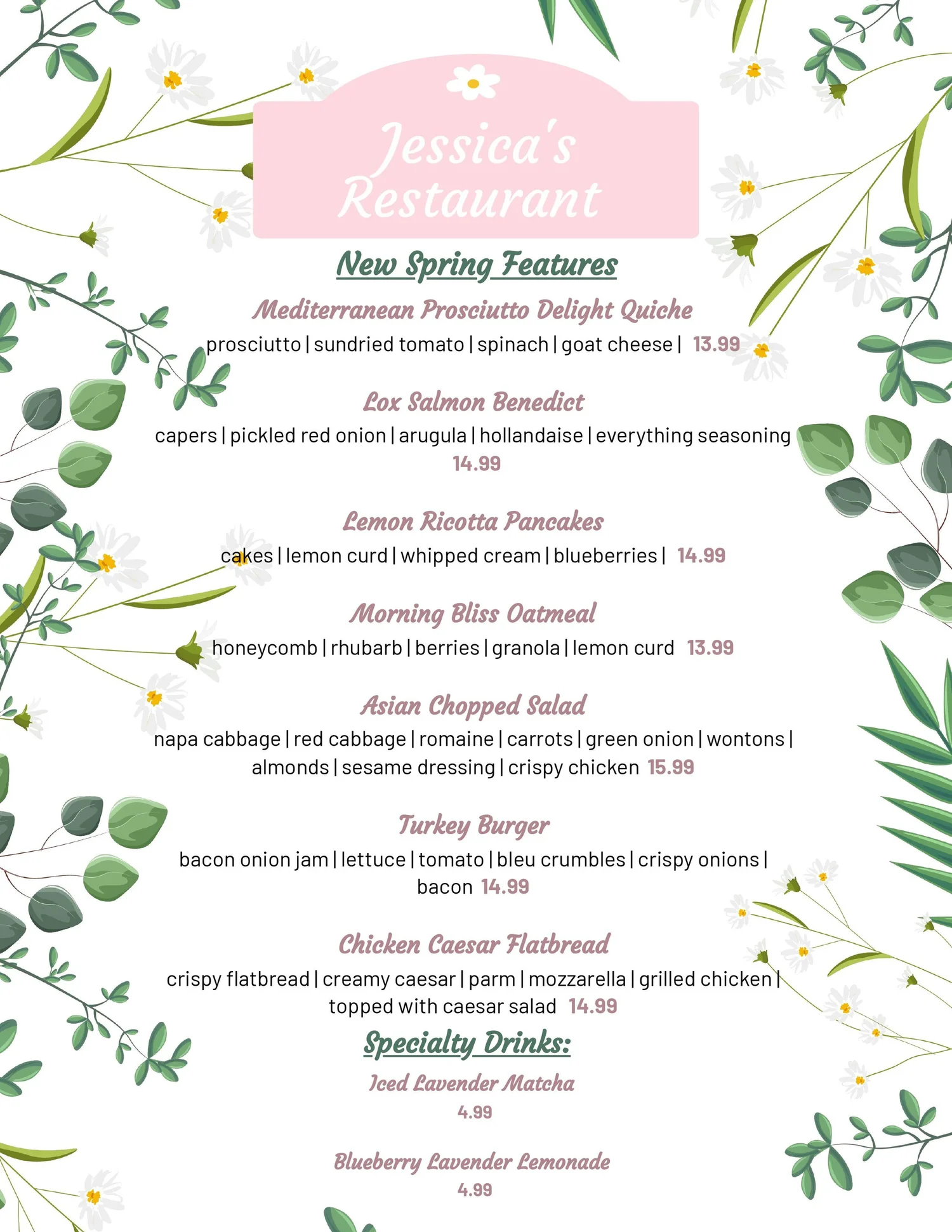 Menu — Jessica's Restaurant