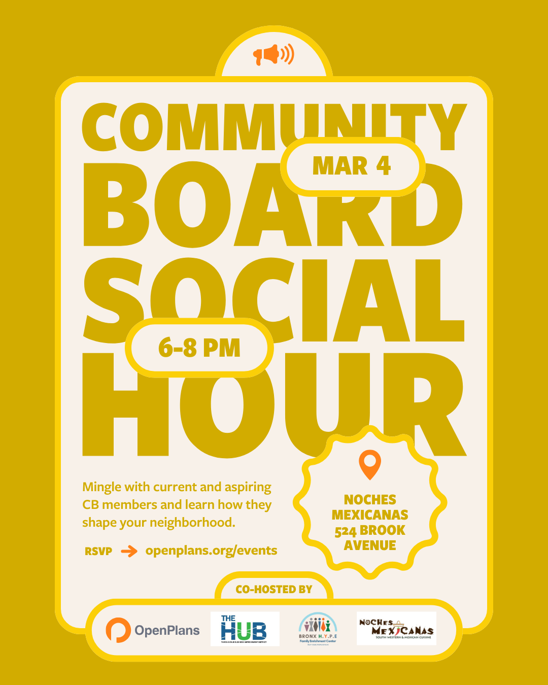 Community Board Social Hour — Open Plans