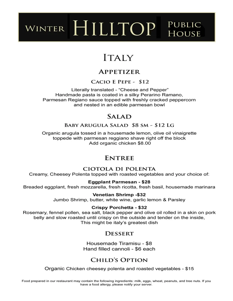 Hilltop Pub Menu — Hilltop Cafe