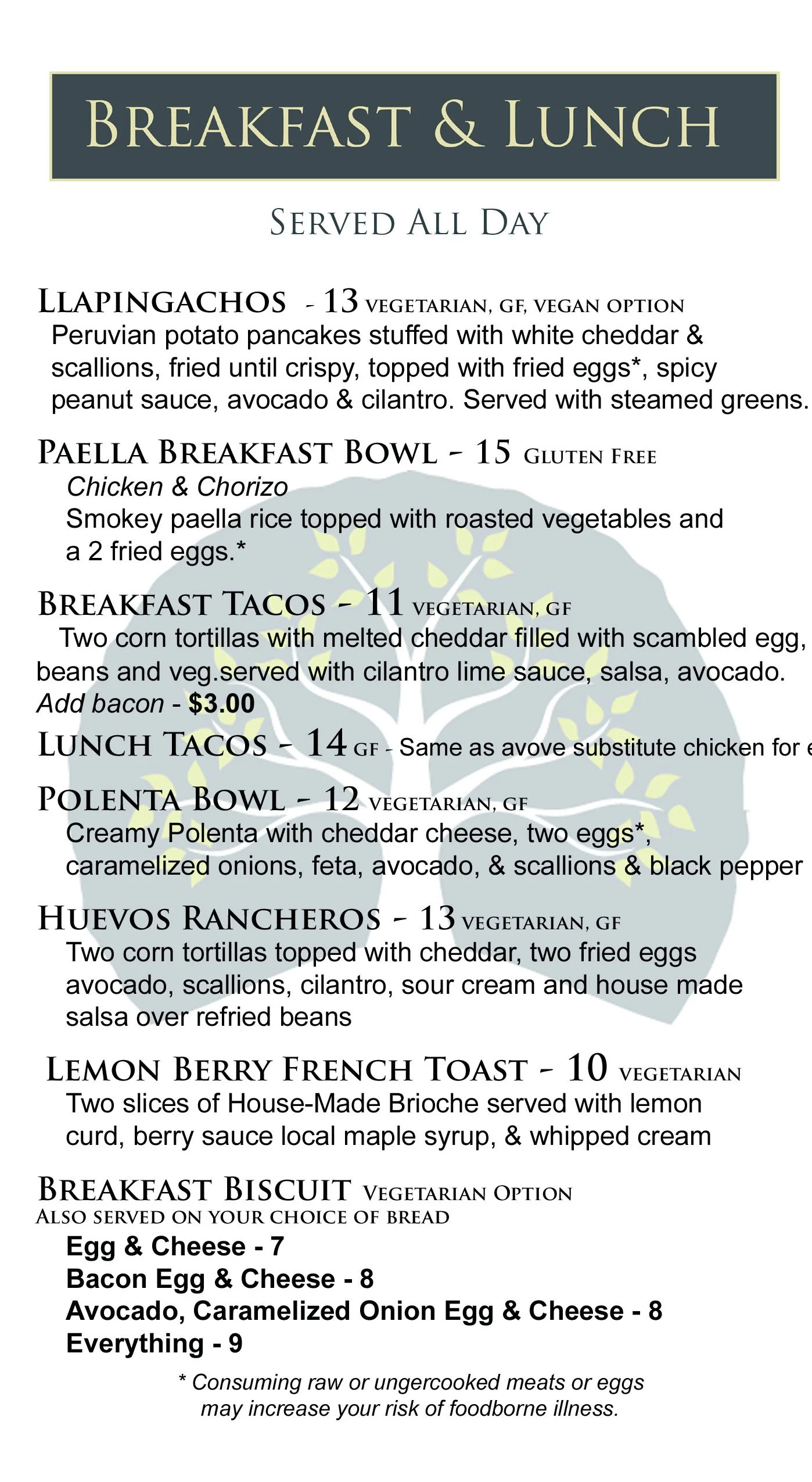 Daytime Menu — Hilltop Cafe