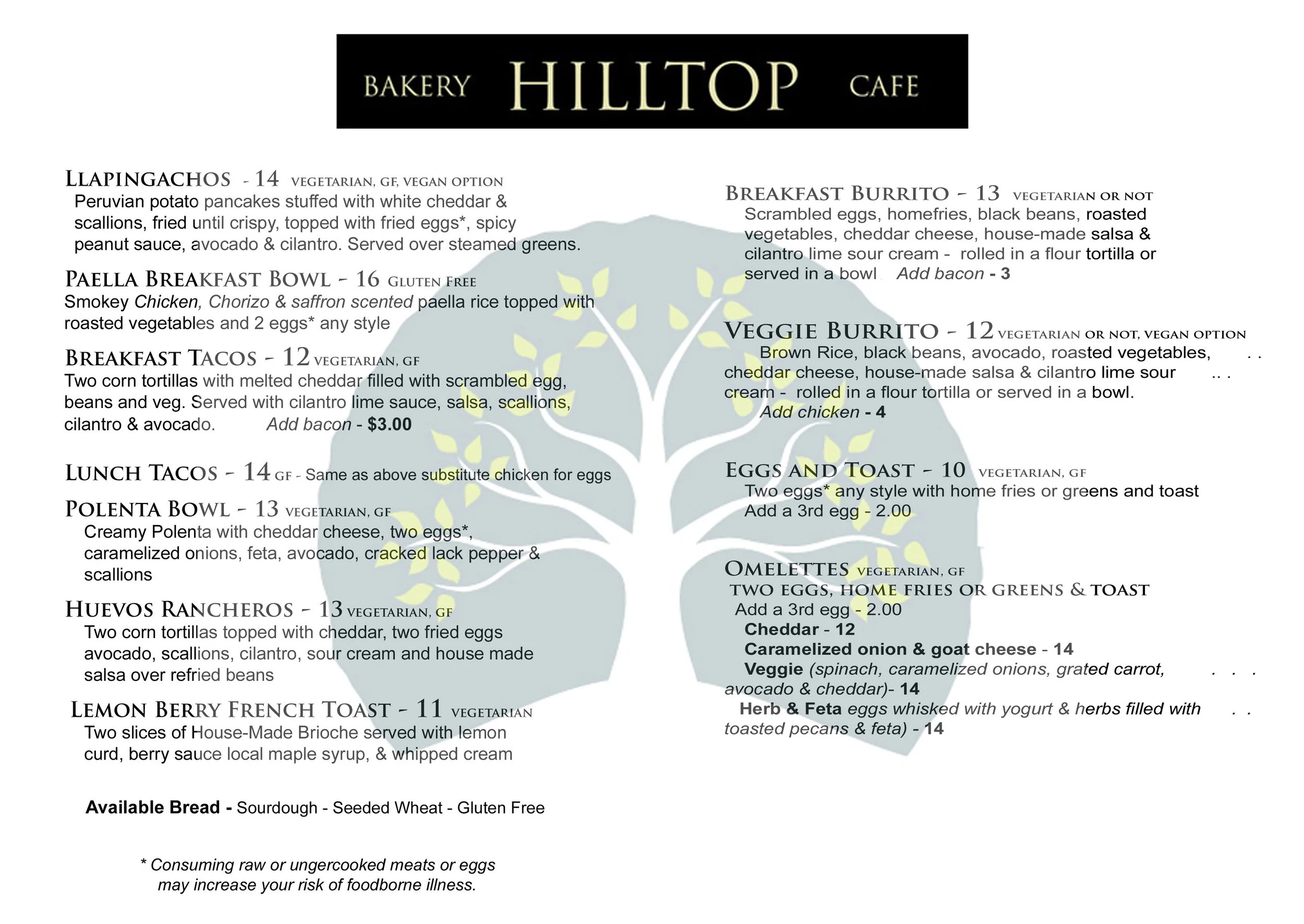 Daytime Menu — Hilltop Cafe