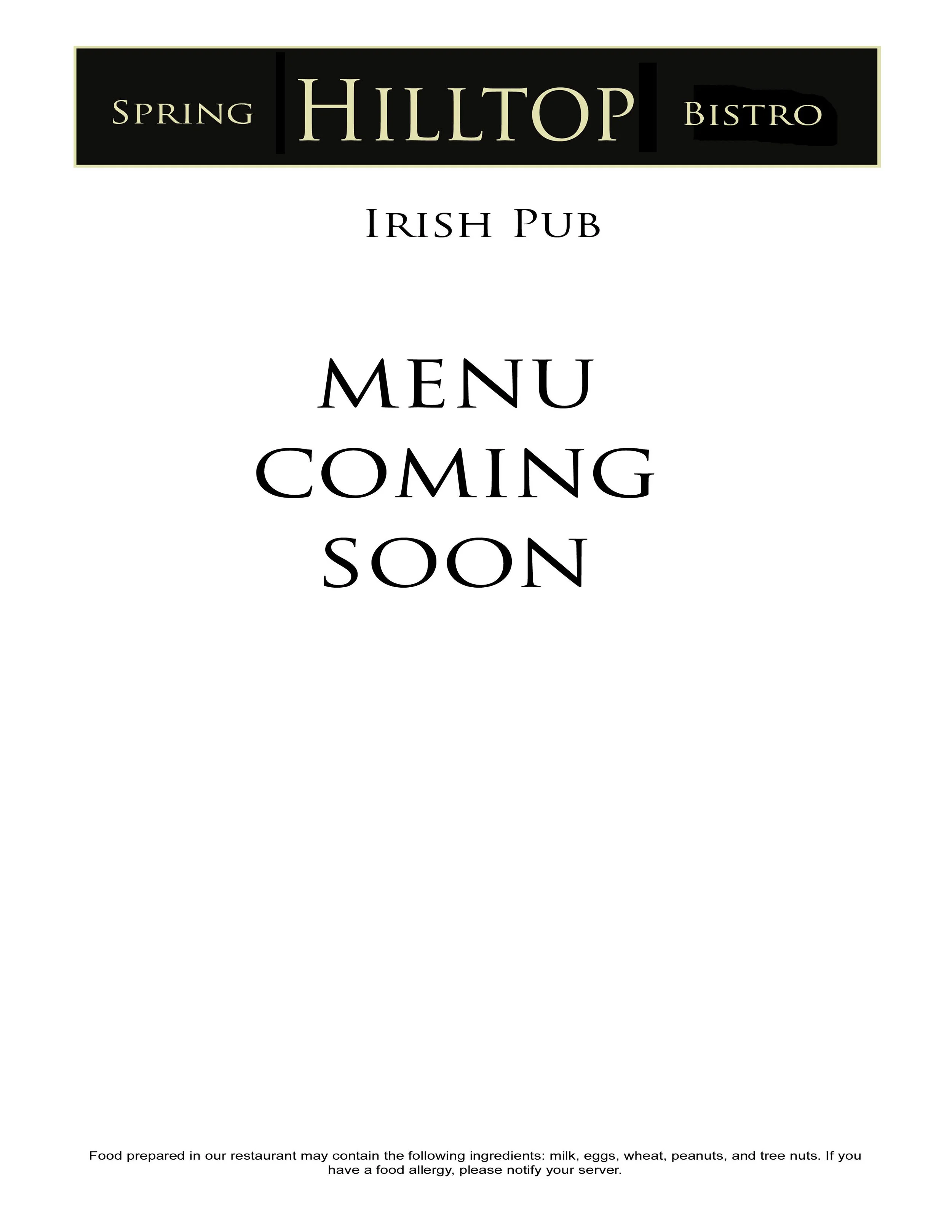 Hilltop Pub Menu — Hilltop Cafe