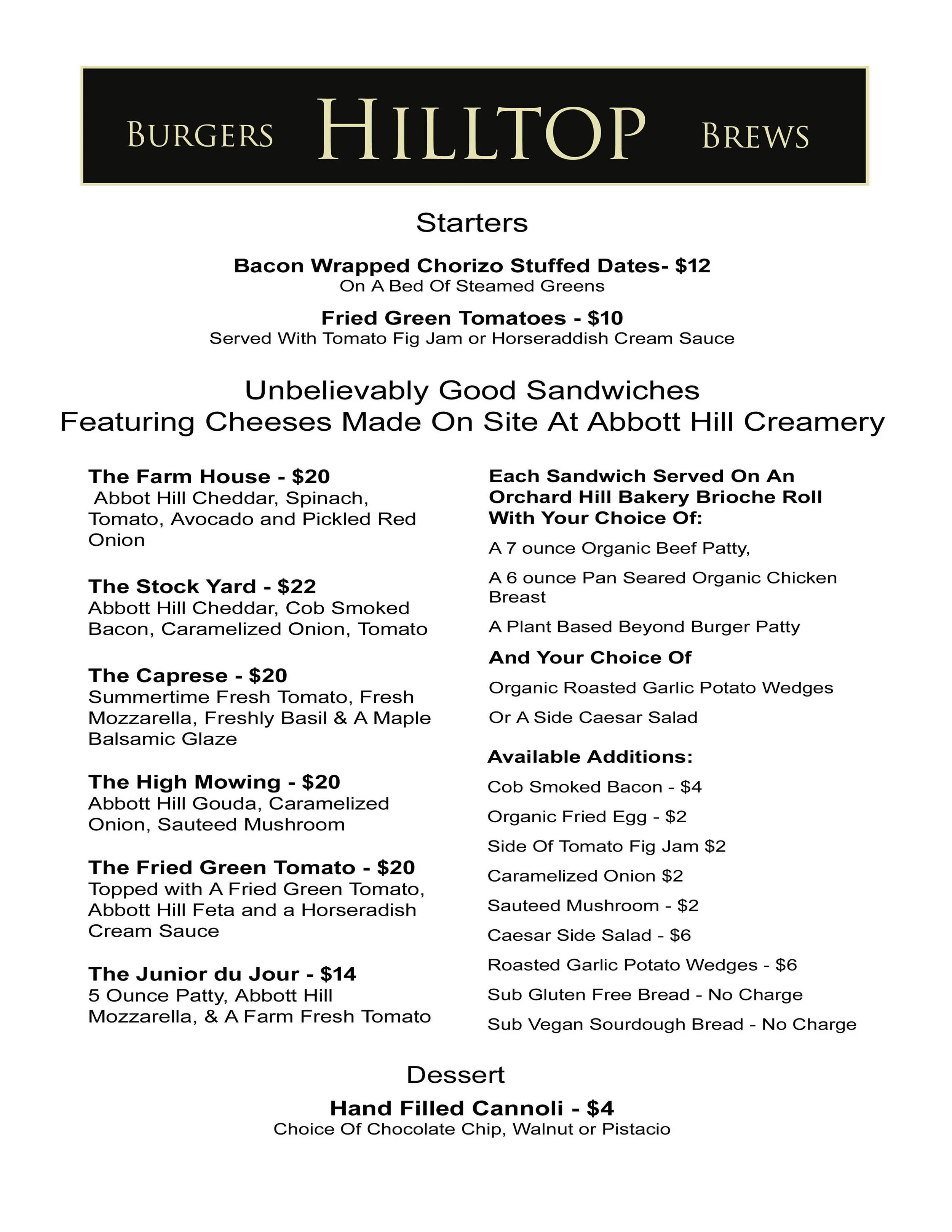 Daytime Menu — Hilltop Cafe