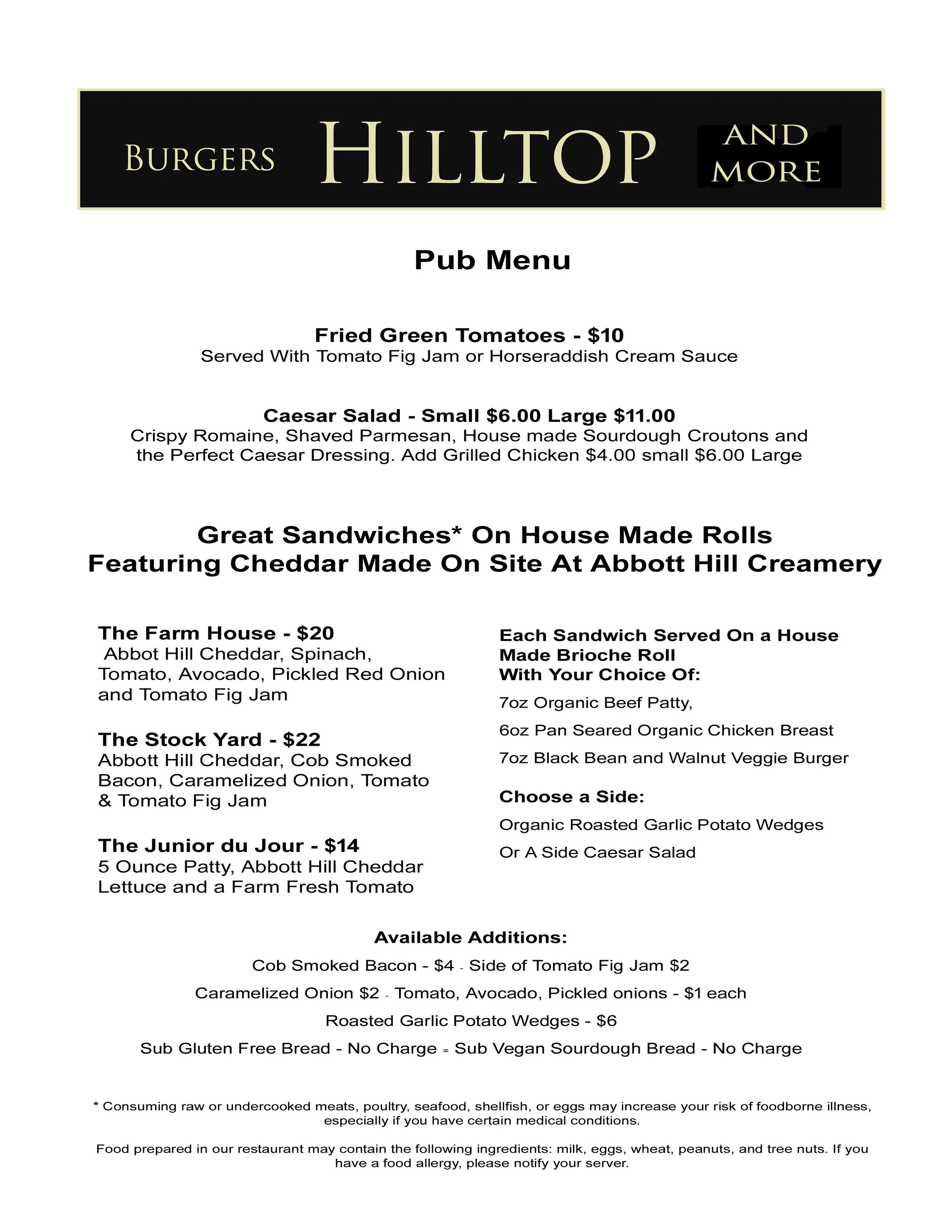 Hilltop Pub Menu — Hilltop Cafe
