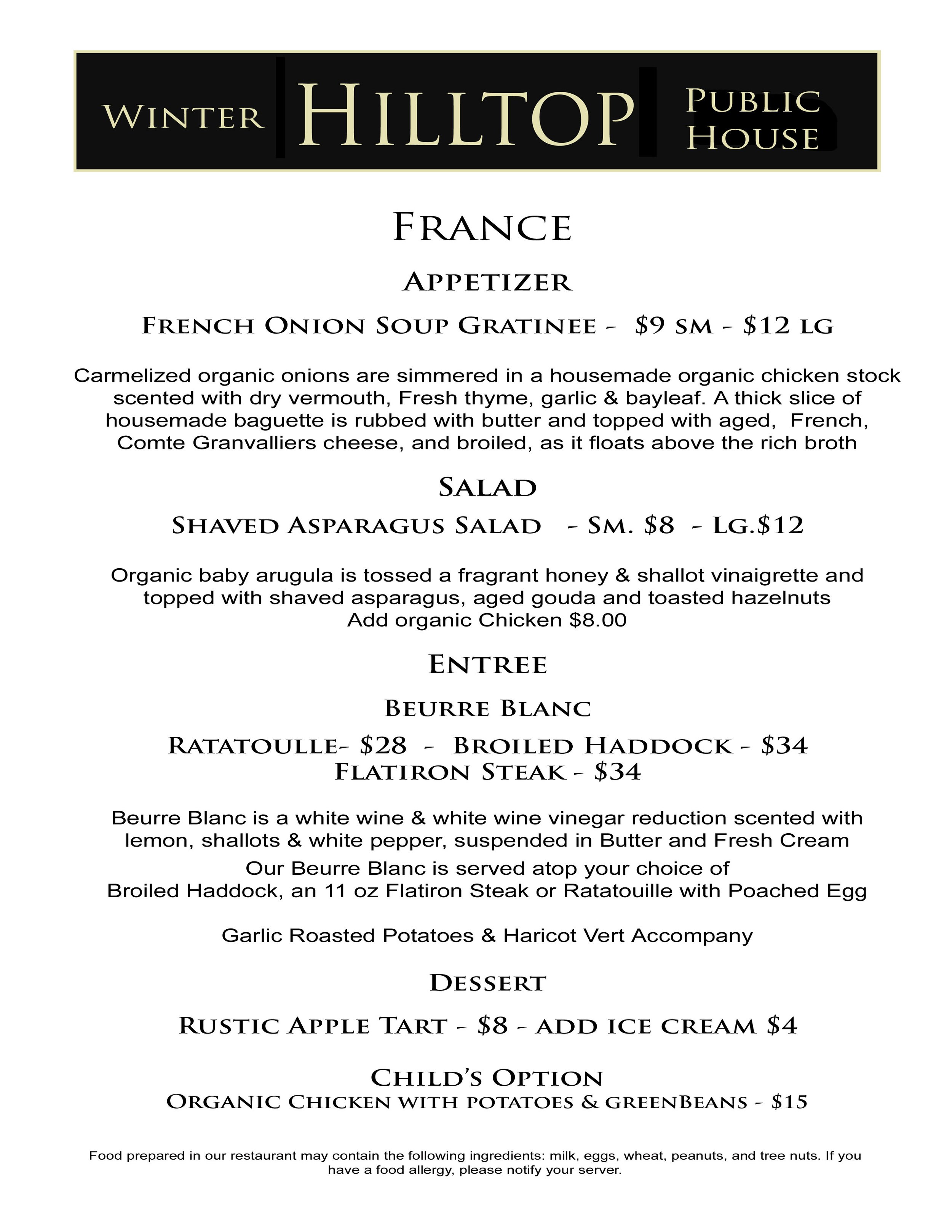 Hilltop Dinner Menus — Hilltop Cafe