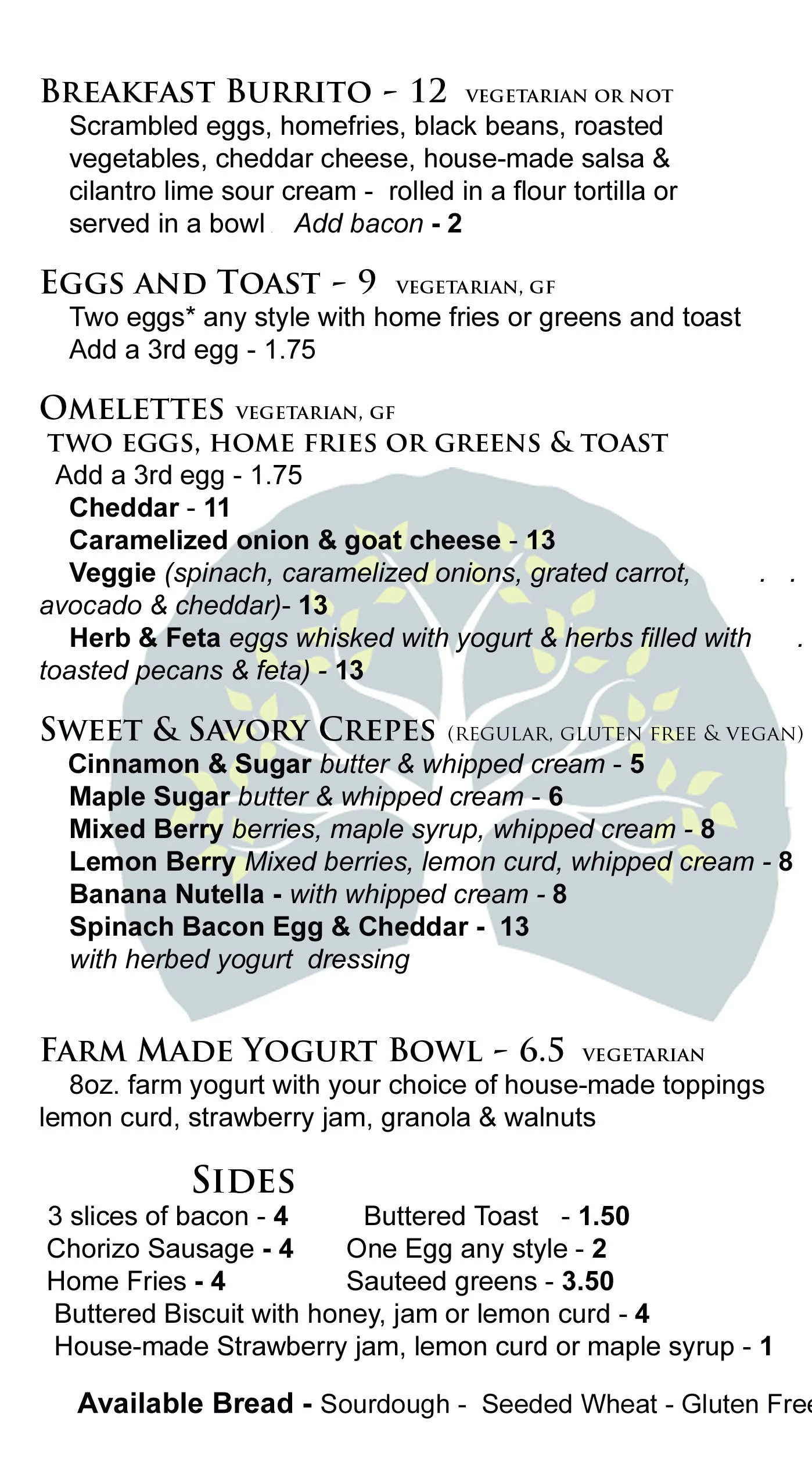 Daytime Menu — Hilltop Cafe