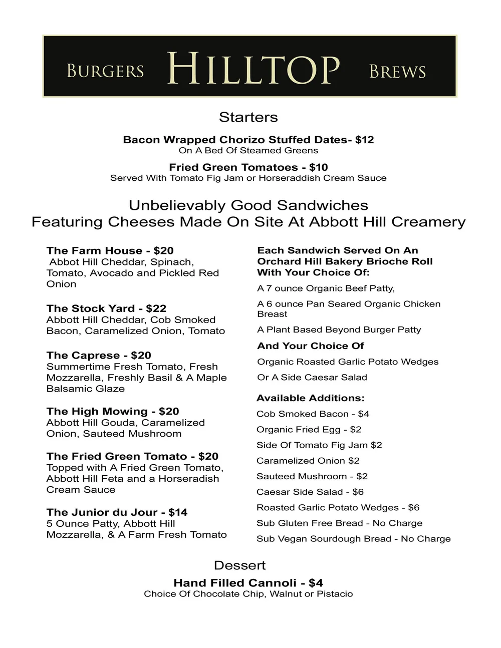 Hilltop Pub Menu — Hilltop Cafe