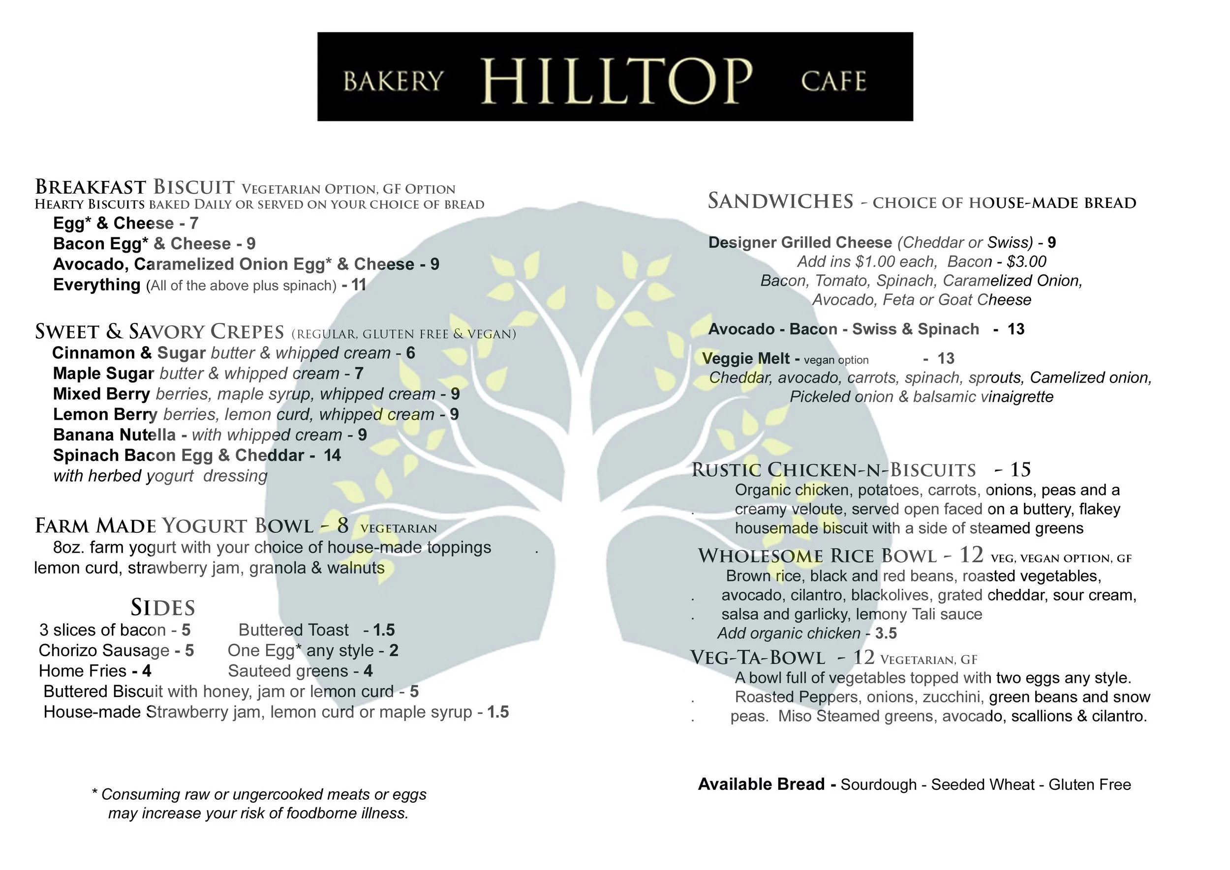 Daytime Menu — Hilltop Cafe