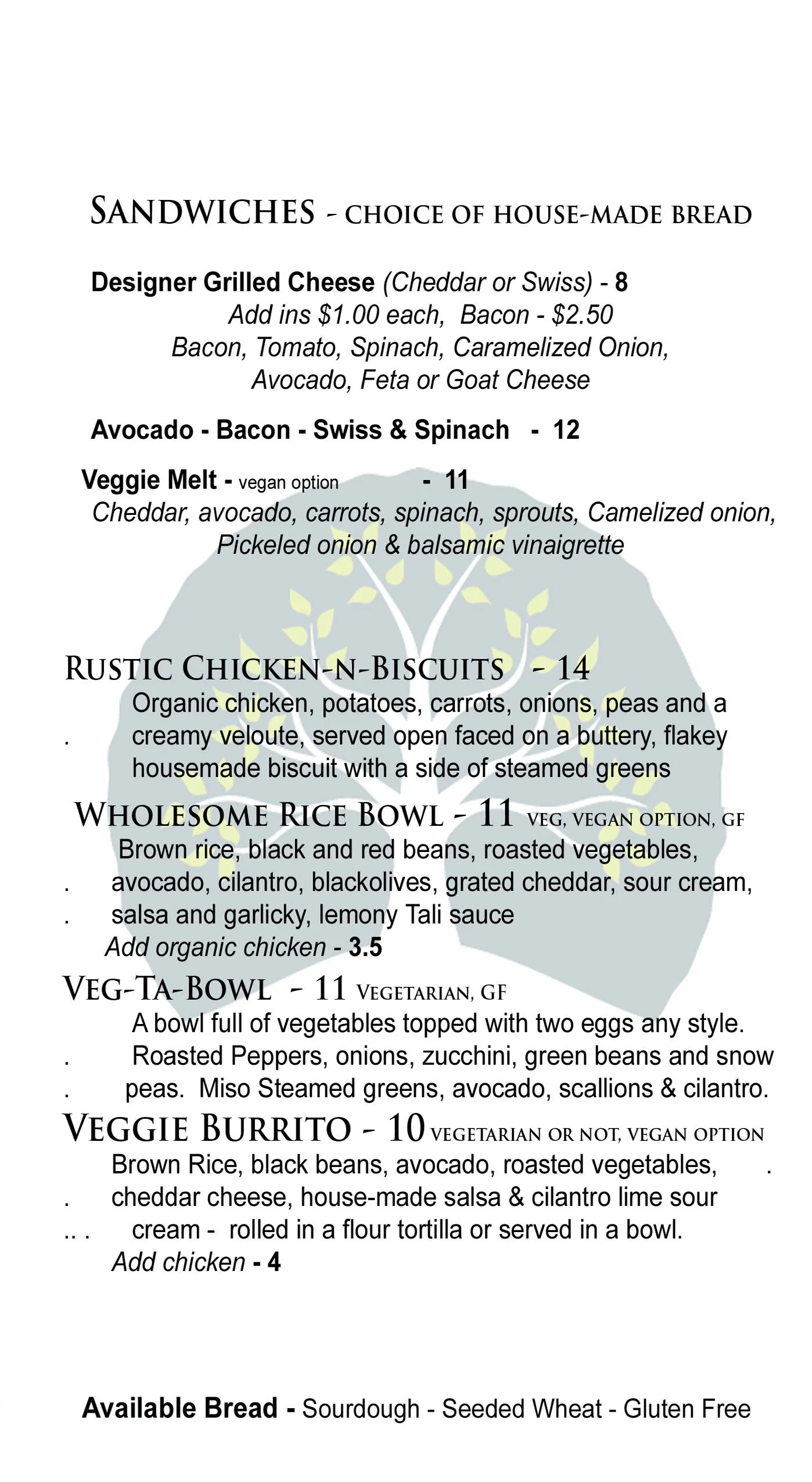 Daytime Menu — Hilltop Cafe