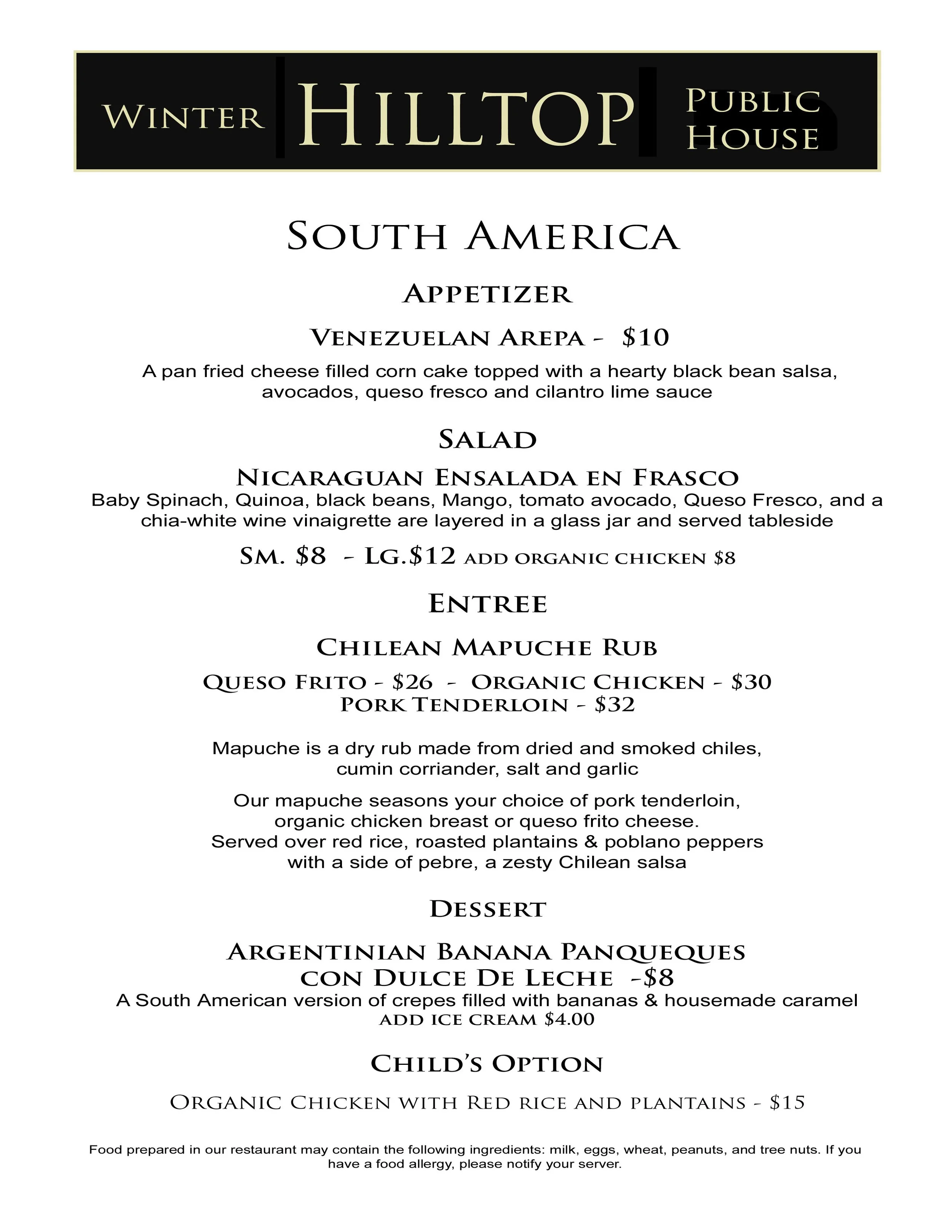 Hilltop Pub Menu — Hilltop Cafe