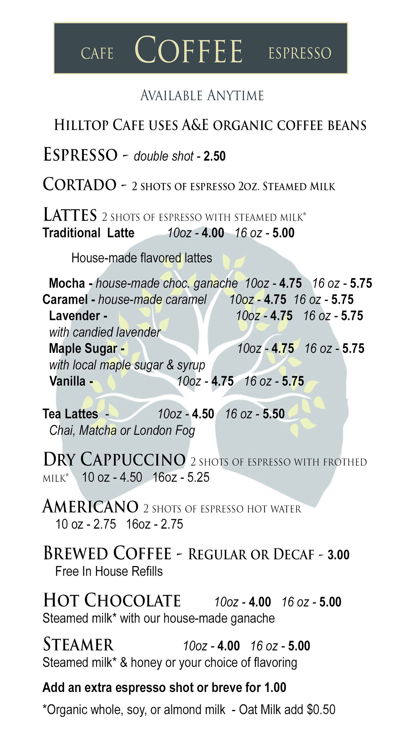 Daytime Menu — Hilltop Cafe