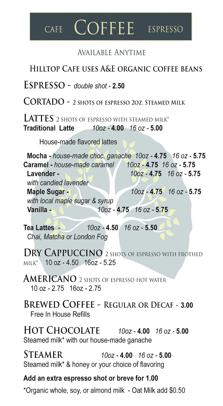 Daytime Menu — Hilltop Cafe