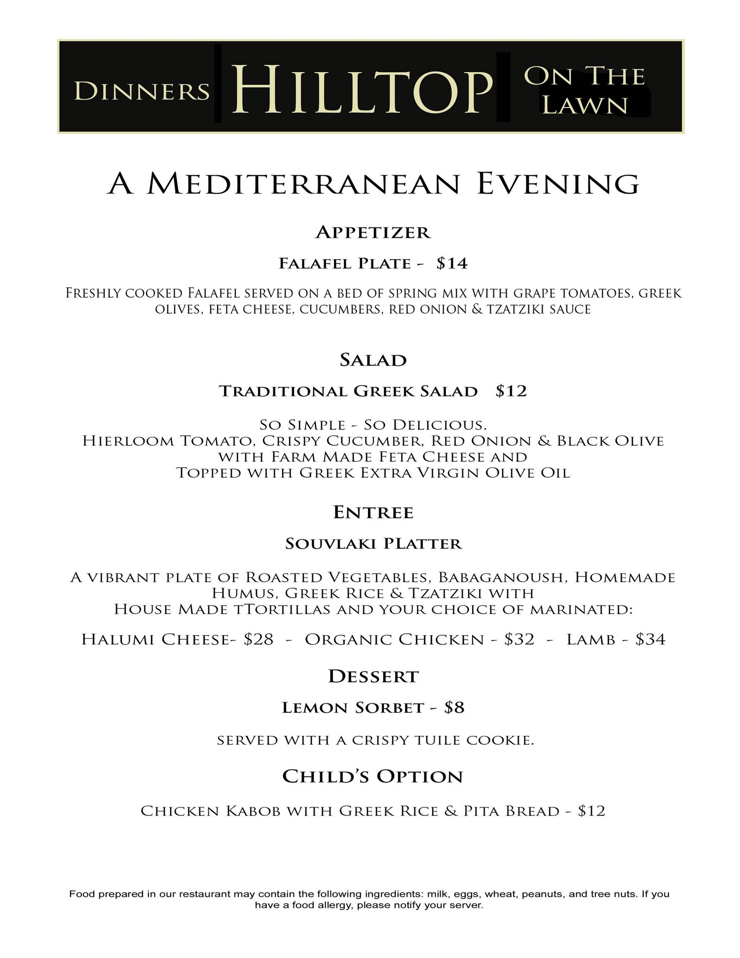 Hilltop Pub Menu — Hilltop Cafe