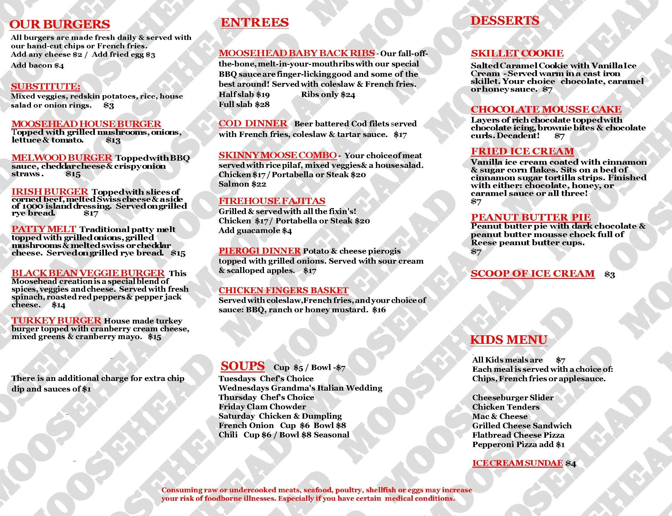 Menu — MOOSEHEAD HOOF & LADDER RESTAURANT