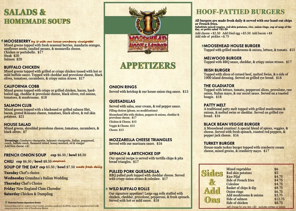 Menu — MOOSEHEAD HOOF & LADDER RESTAURANT