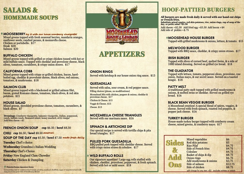 Menu — MOOSEHEAD HOOF & LADDER RESTAURANT