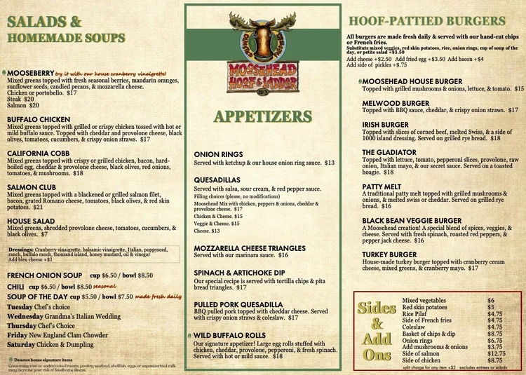 Menu — MOOSEHEAD HOOF & LADDER RESTAURANT