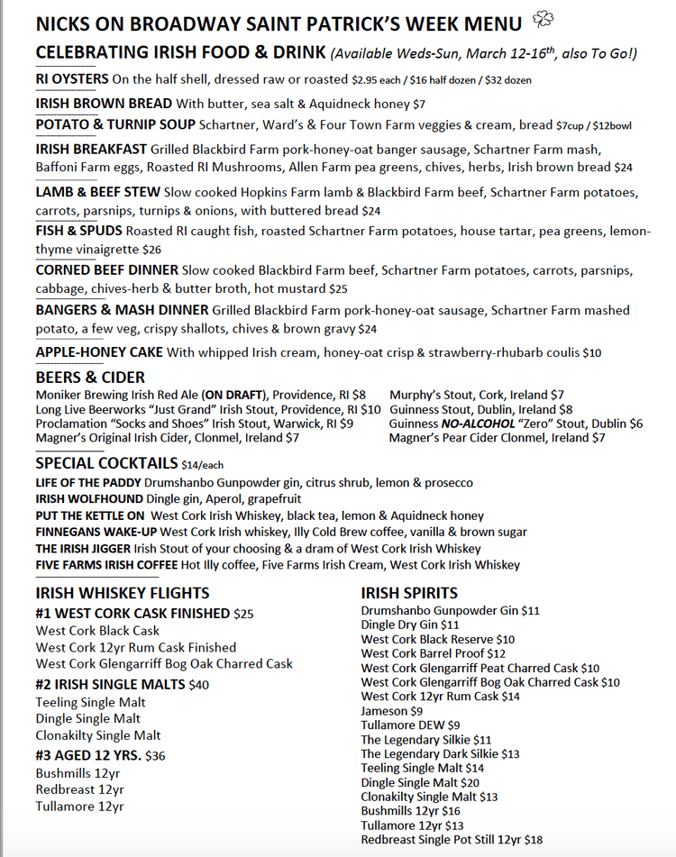 Dine-In Menu — Nicks on Broadway