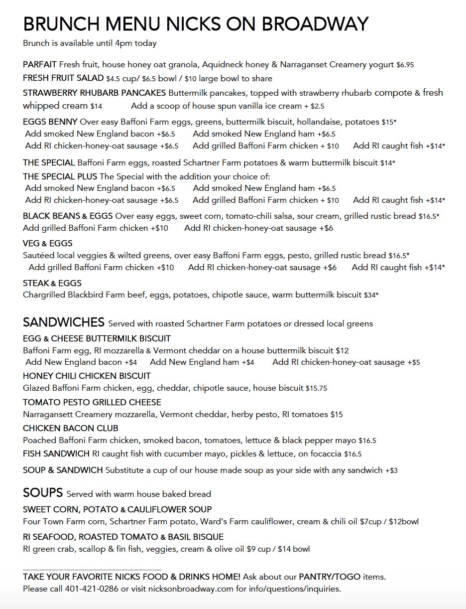 Dine-In Menu — Nicks on Broadway