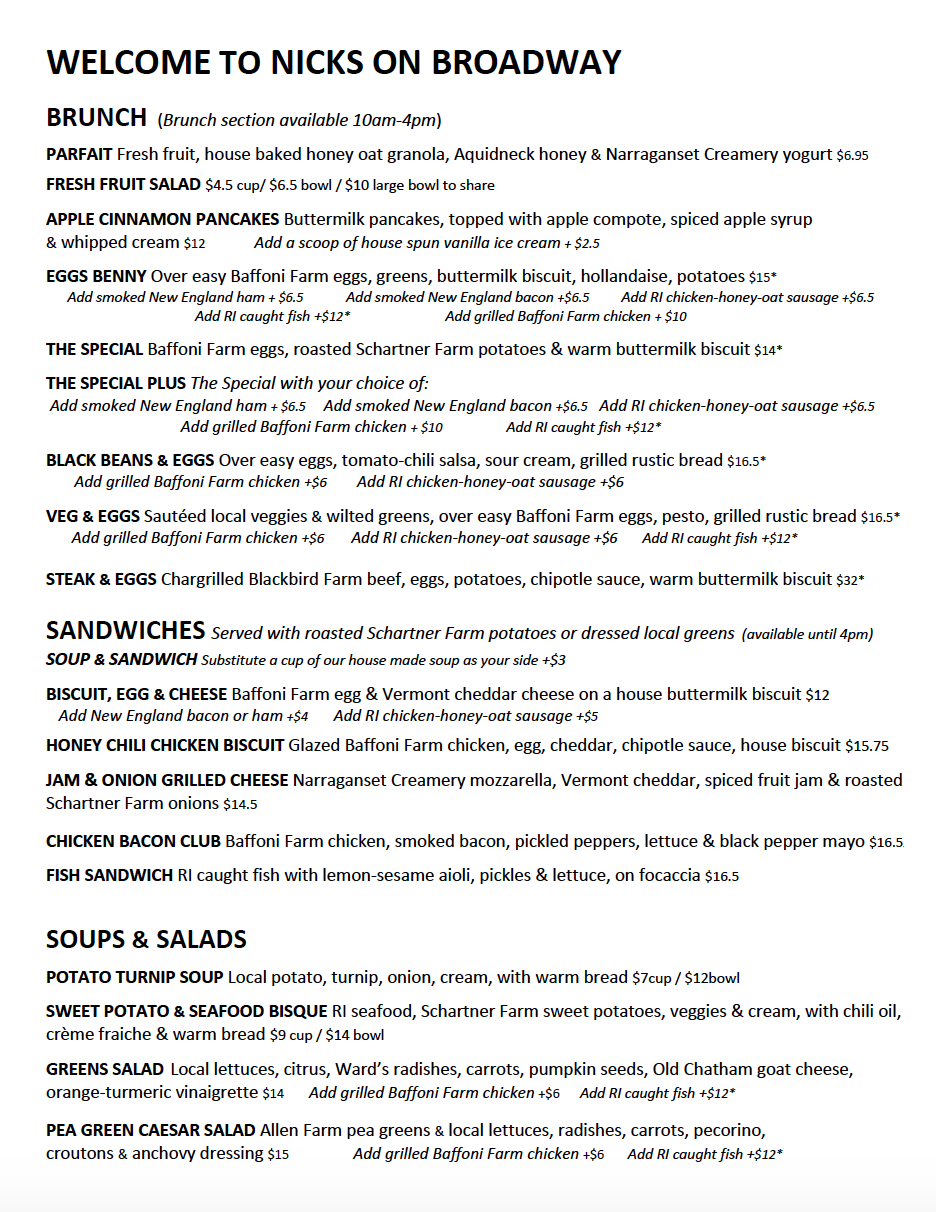 Dine-In Menu — Nicks on Broadway