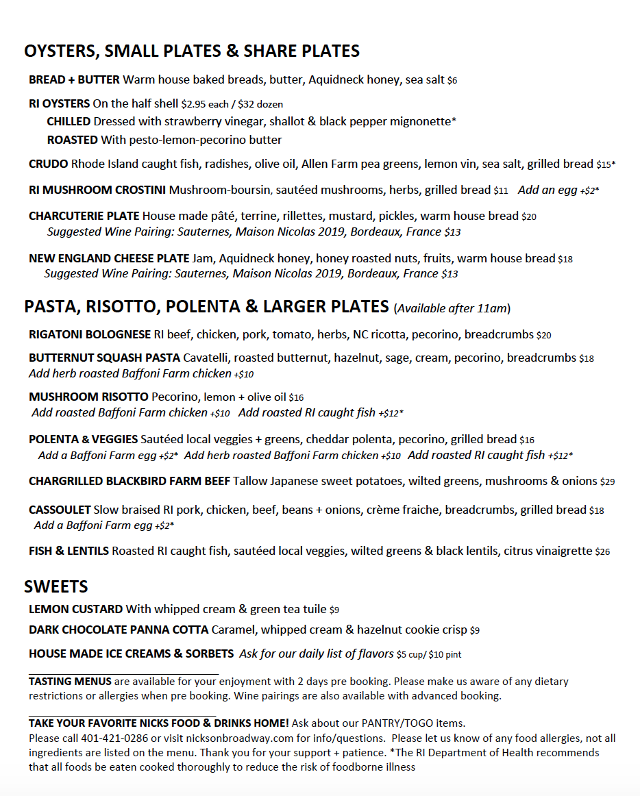 Dine-In Menu — Nicks on Broadway