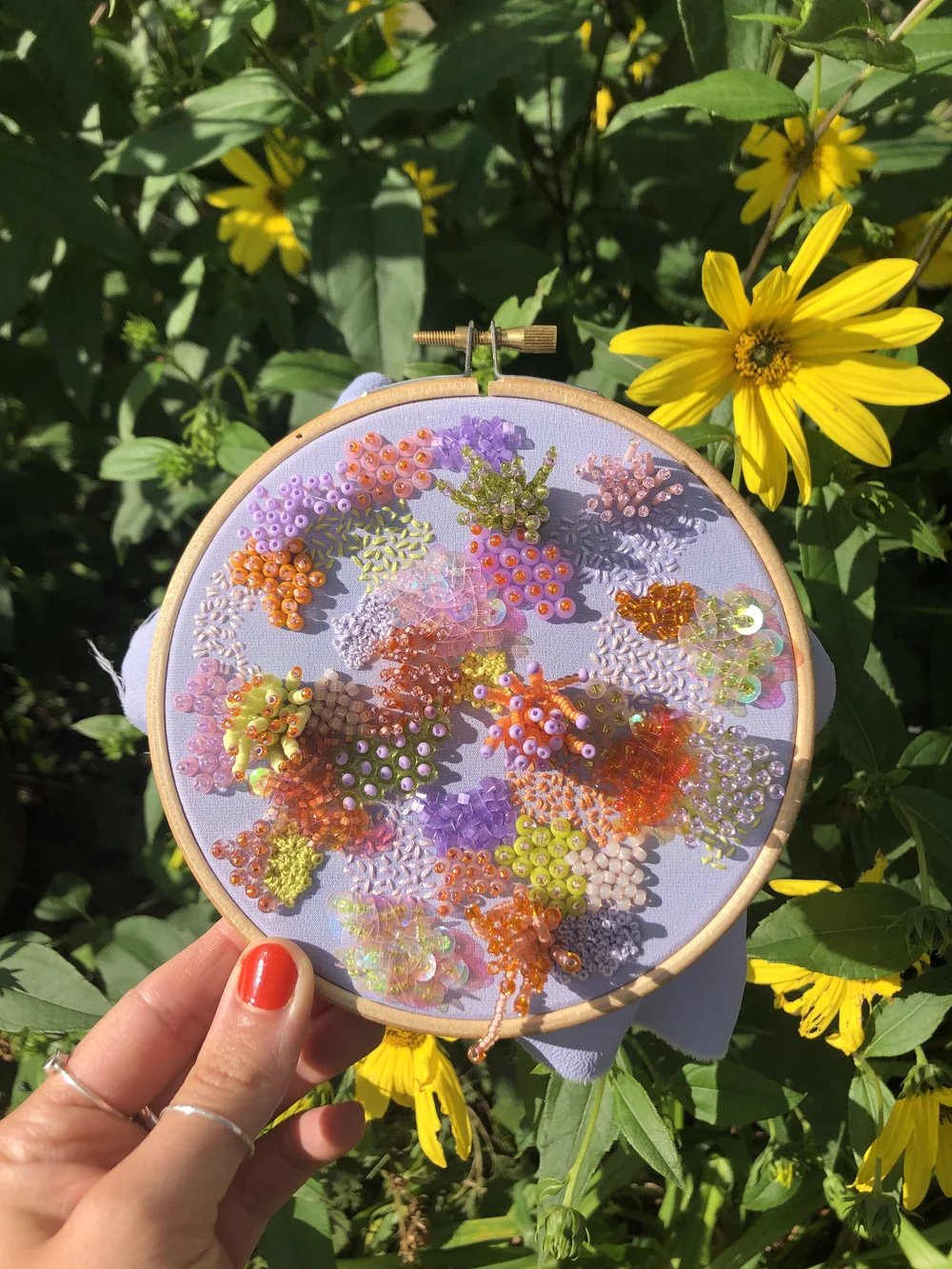 Framed Medium Pink & Cream Embroidered Coral Artwork — imogen melissa