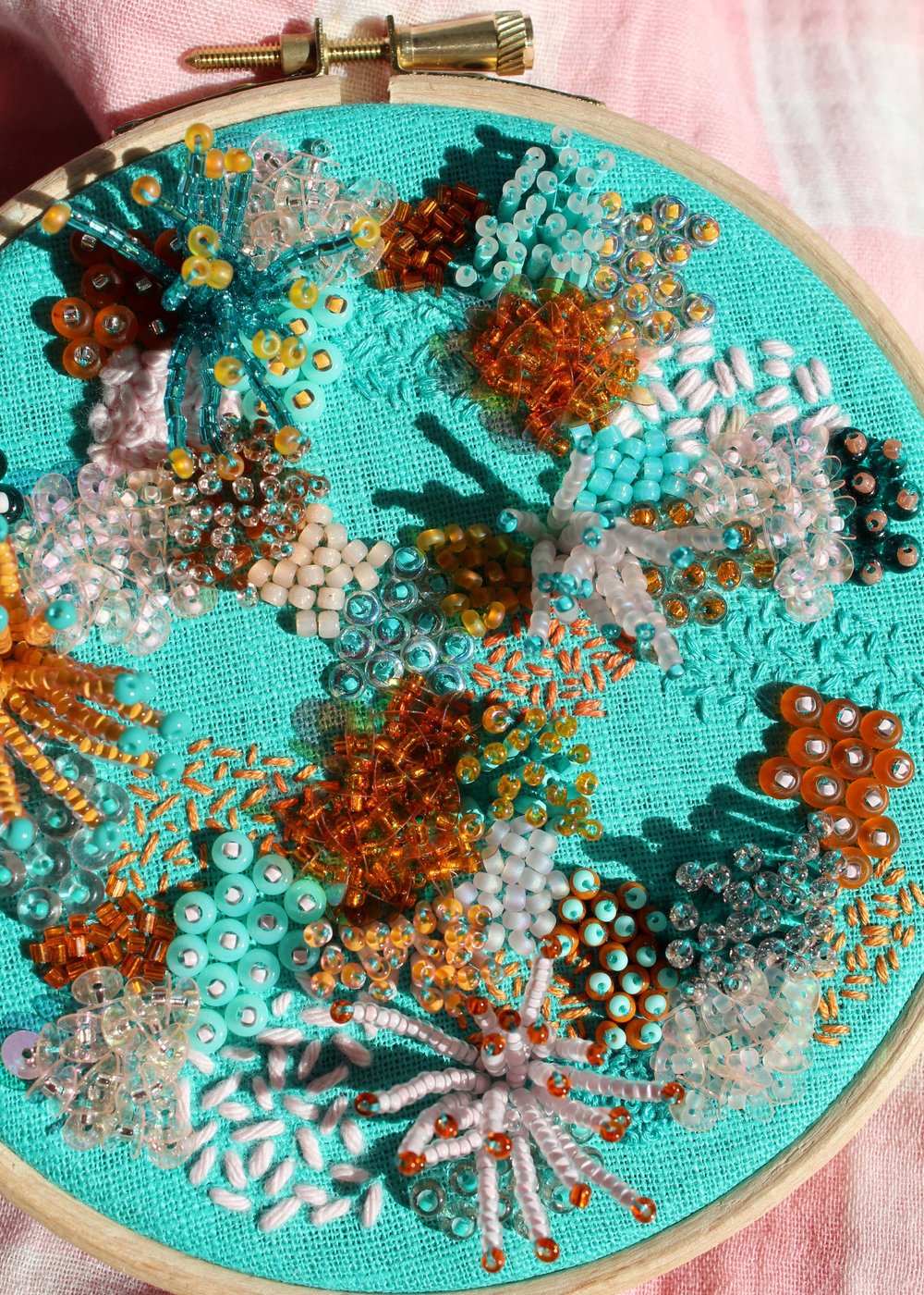 orange, 3D beaded and embroidered coral hoop — imogen melissa