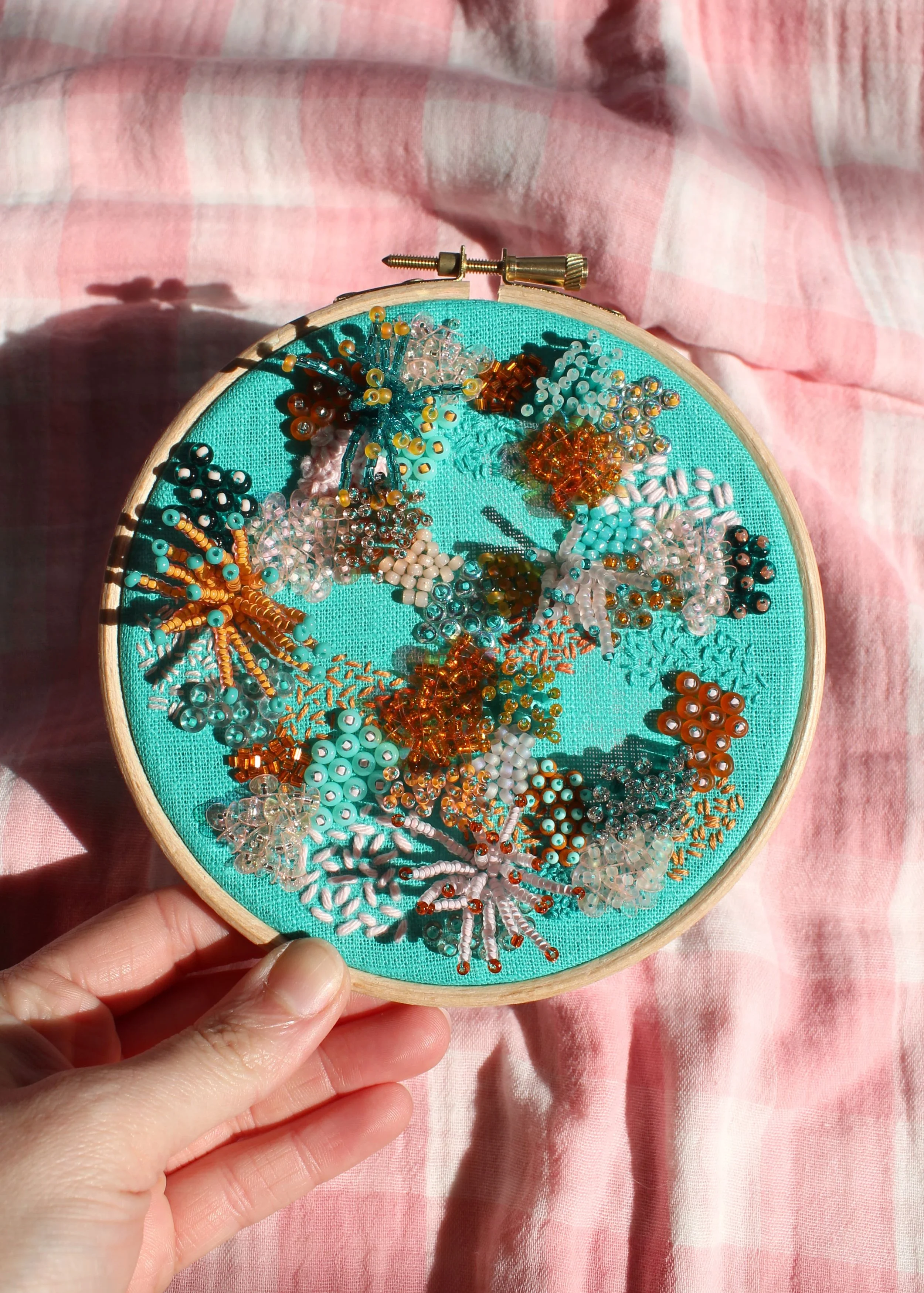 orange, 3D beaded and embroidered coral hoop — imogen melissa