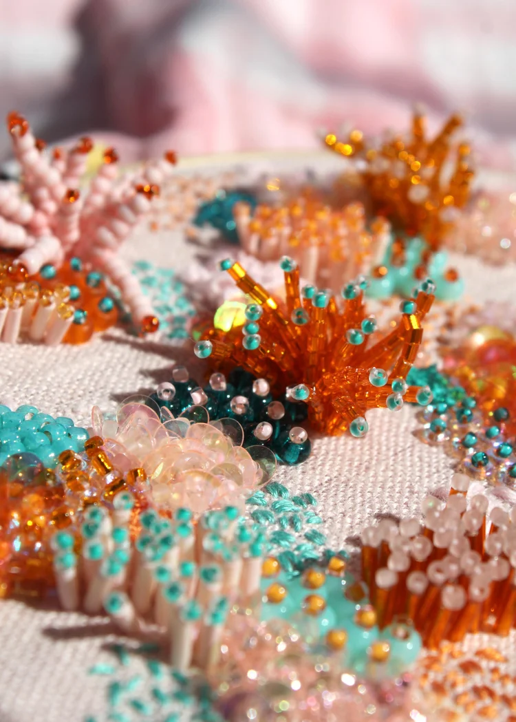 orange, 3D beaded and embroidered coral hoop — imogen melissa