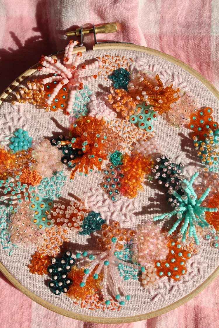 orange, 3D beaded and embroidered coral hoop — imogen melissa