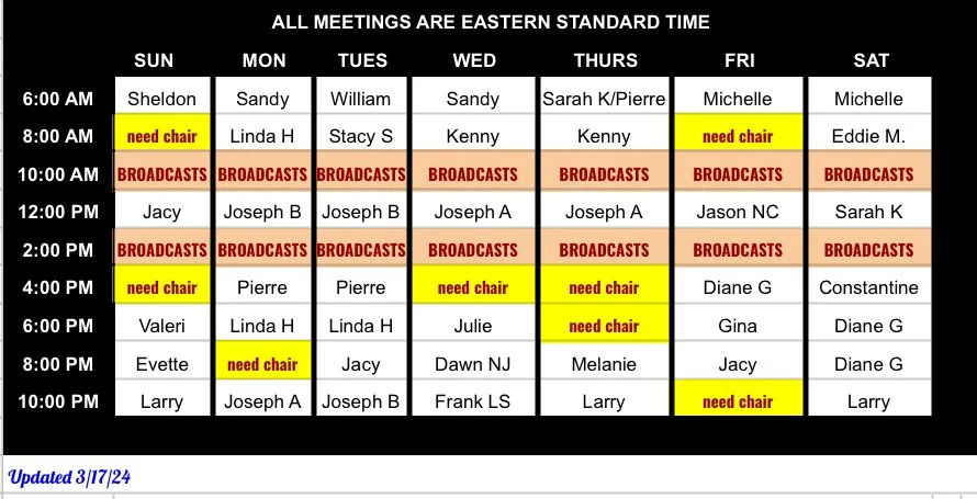 Chair Schedule — The Infinity Group of Narcotics Anonymous