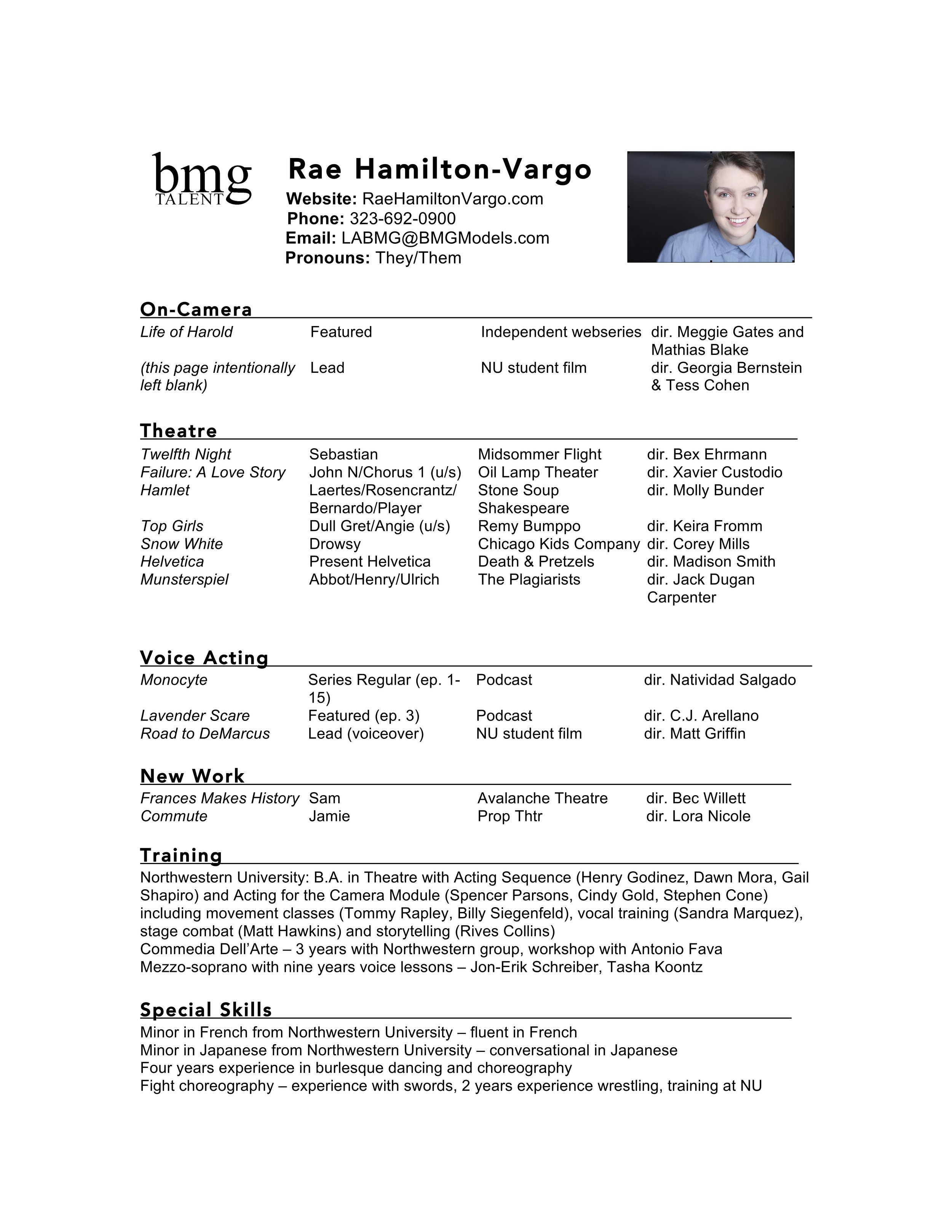 Resume + Headshots — Rae Hamilton-Vargo Actor