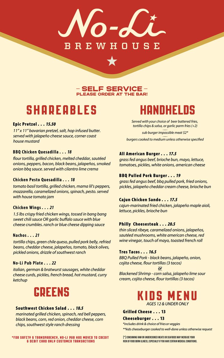 No-Li Brewhouse Menu — BREWHOUSE