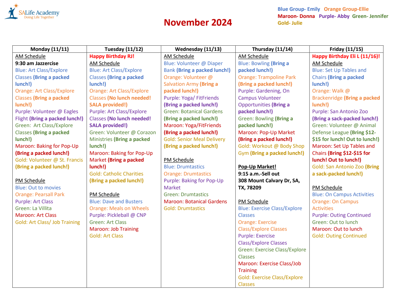 Monthly Calendar — SA Life Academy