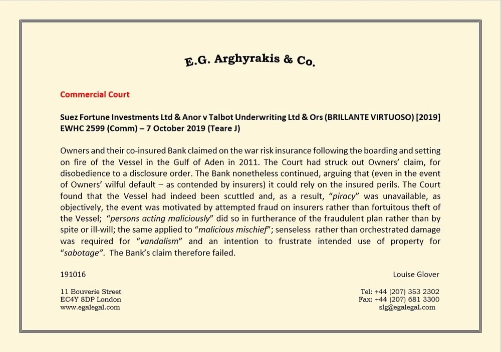 Suez Fortune Investments Ltd & Anor v Talbot Underwriting Ltd & Ors ...