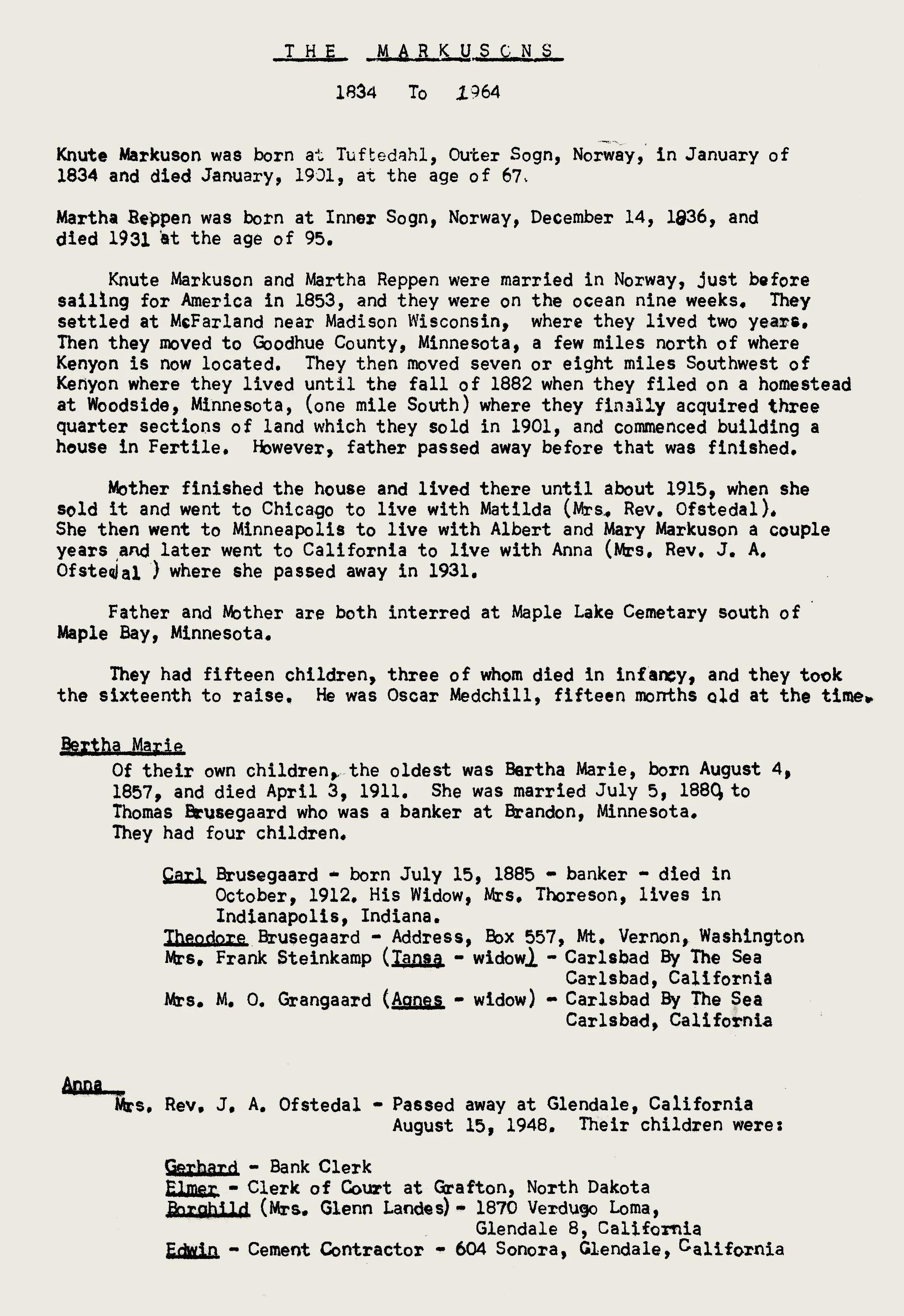 Markuson Family History by Albert Markuson — John Laird Genealogy