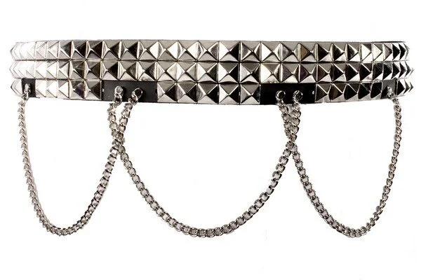 3 Row Pyramid Belt With Chains — LEATHER & STUDS