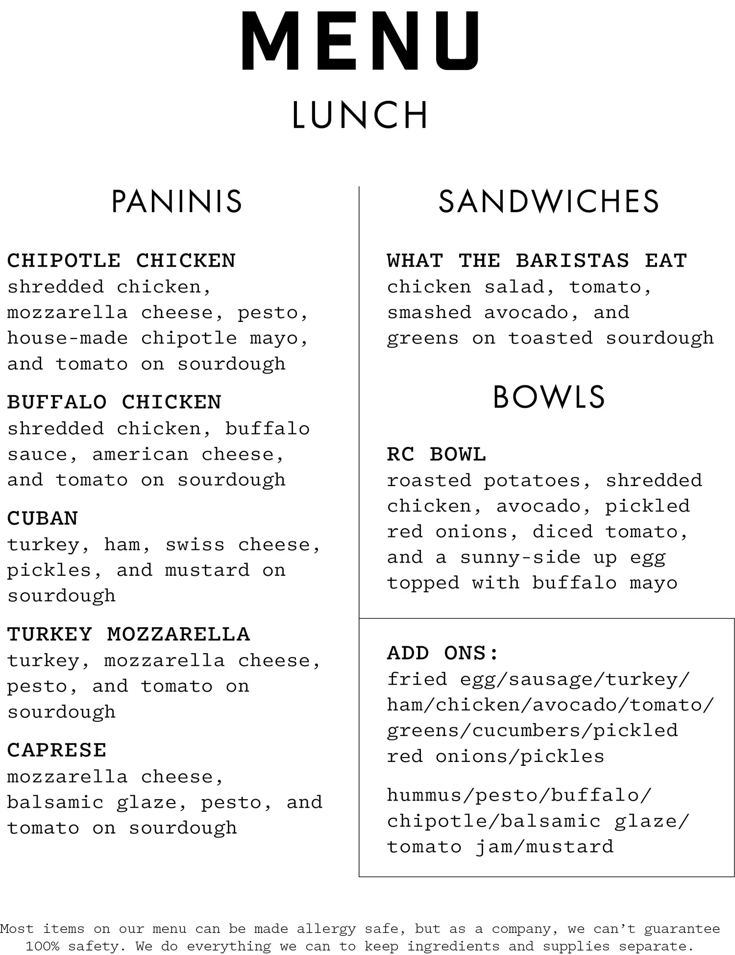 RC Menu — Restoration Coffee