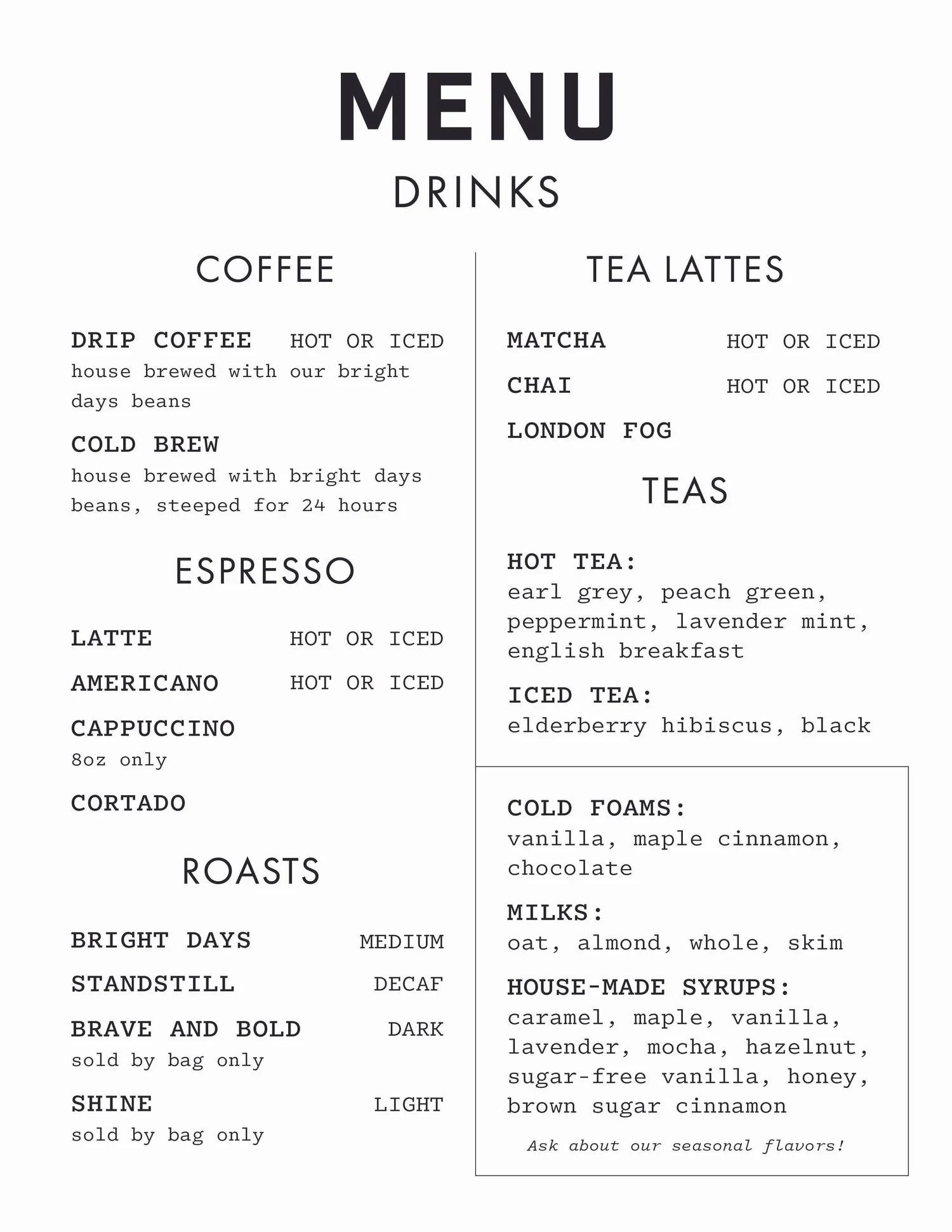 RC Menu — Restoration Coffee