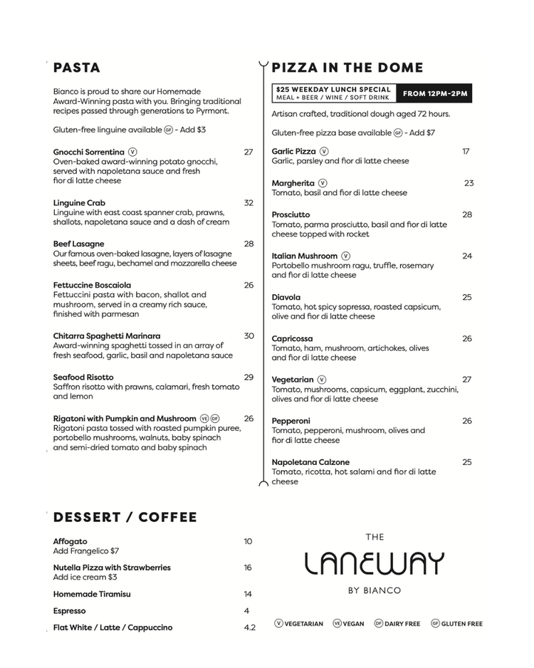 Menu — The Laneway Pyrmont
