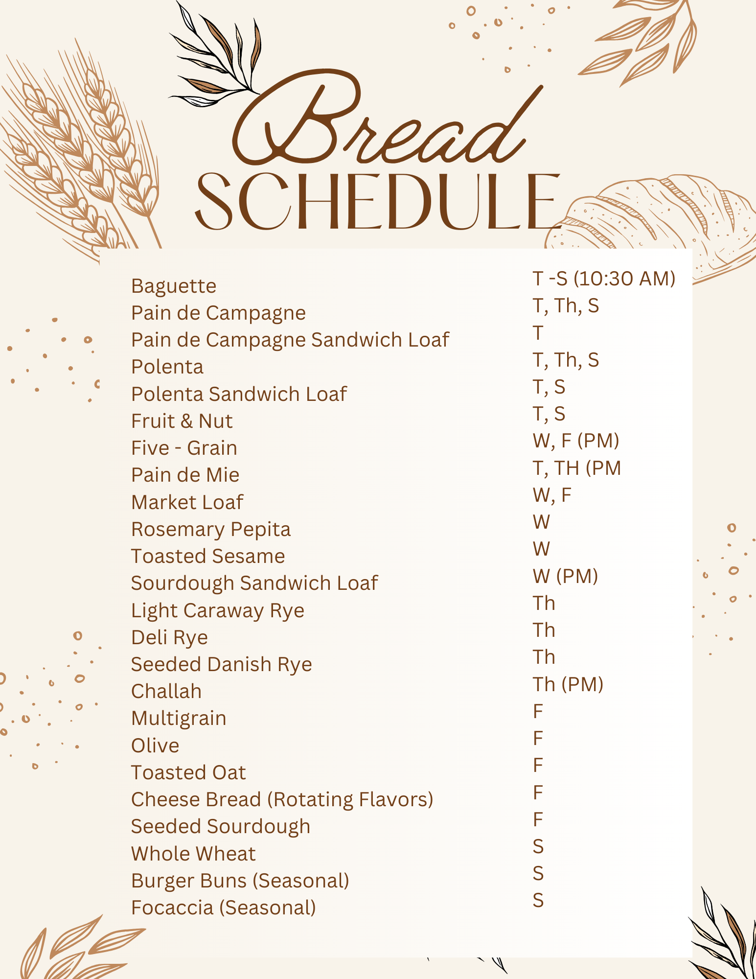 Bake Schedule — LOAF
